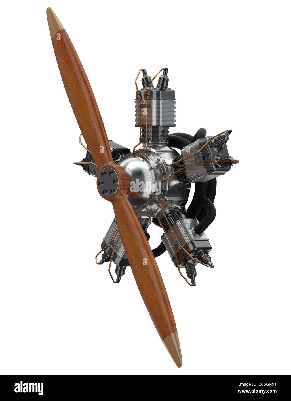 3d render of a vintage aircraft star engine with an old wooden ...