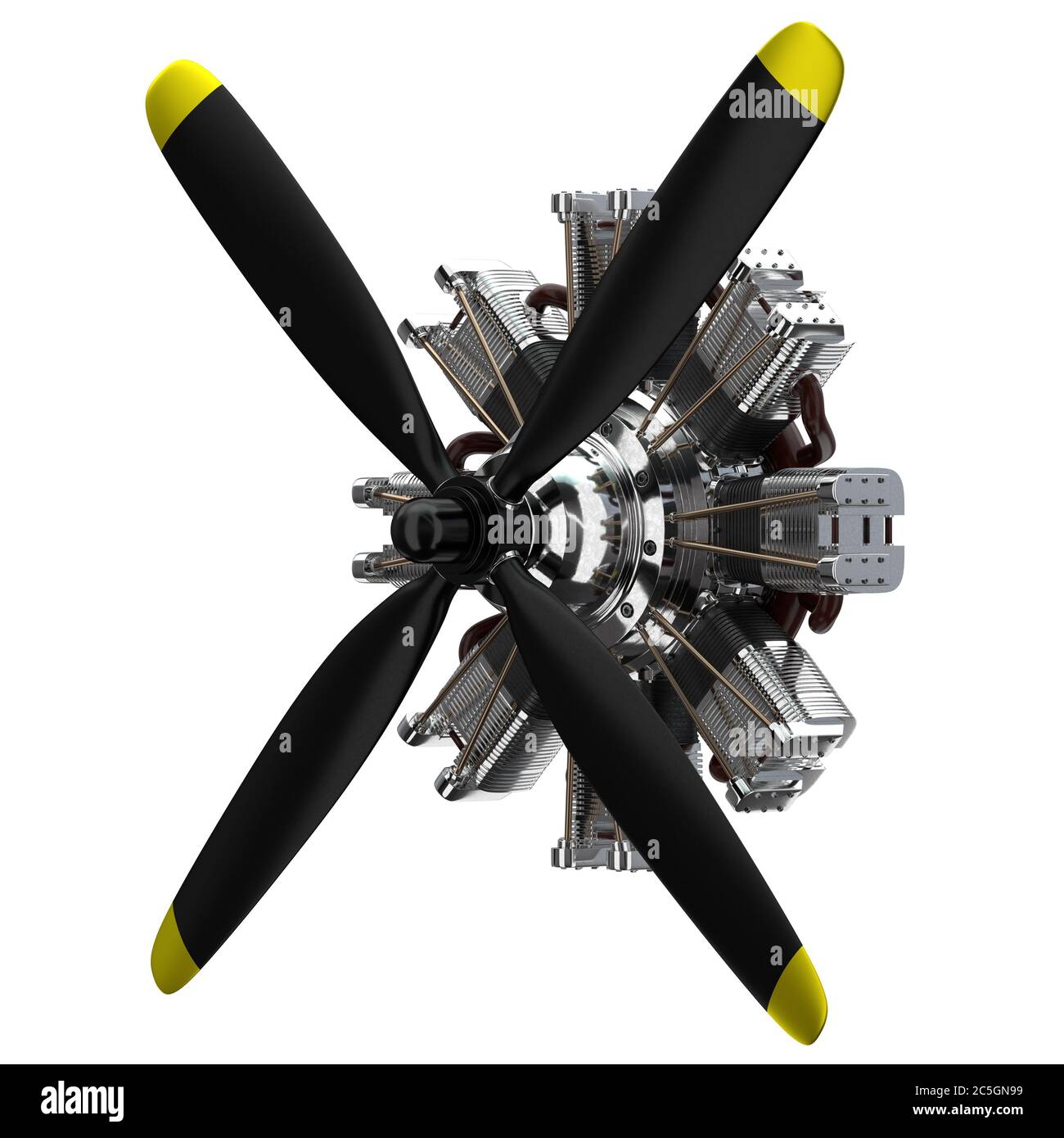 3d render of a high power aircraft star engine with three blade black ...