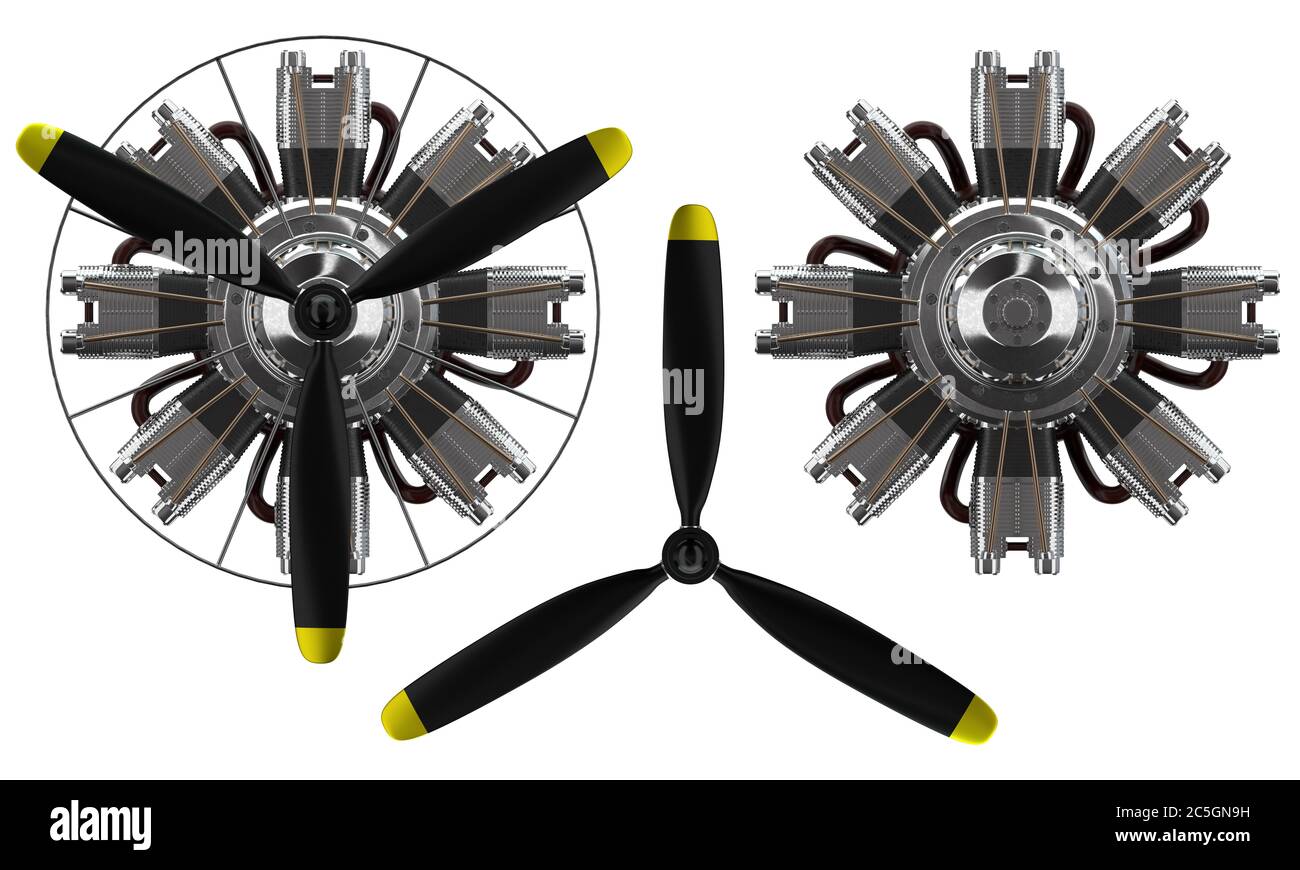 3d render of a high power aircraft star engine with three blade black ...