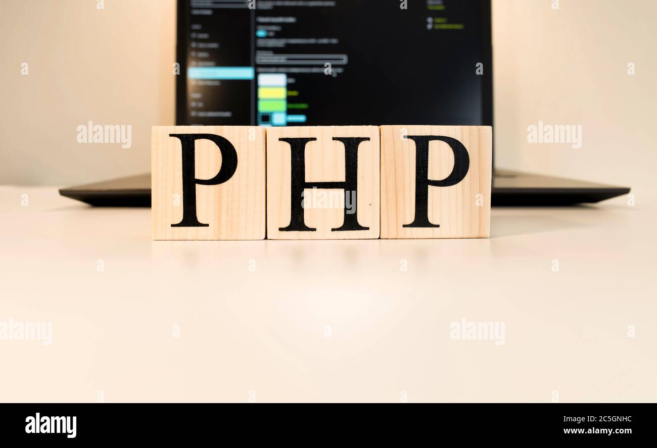 PHP word made of wooden cubes. It's about computer and software Stock ...