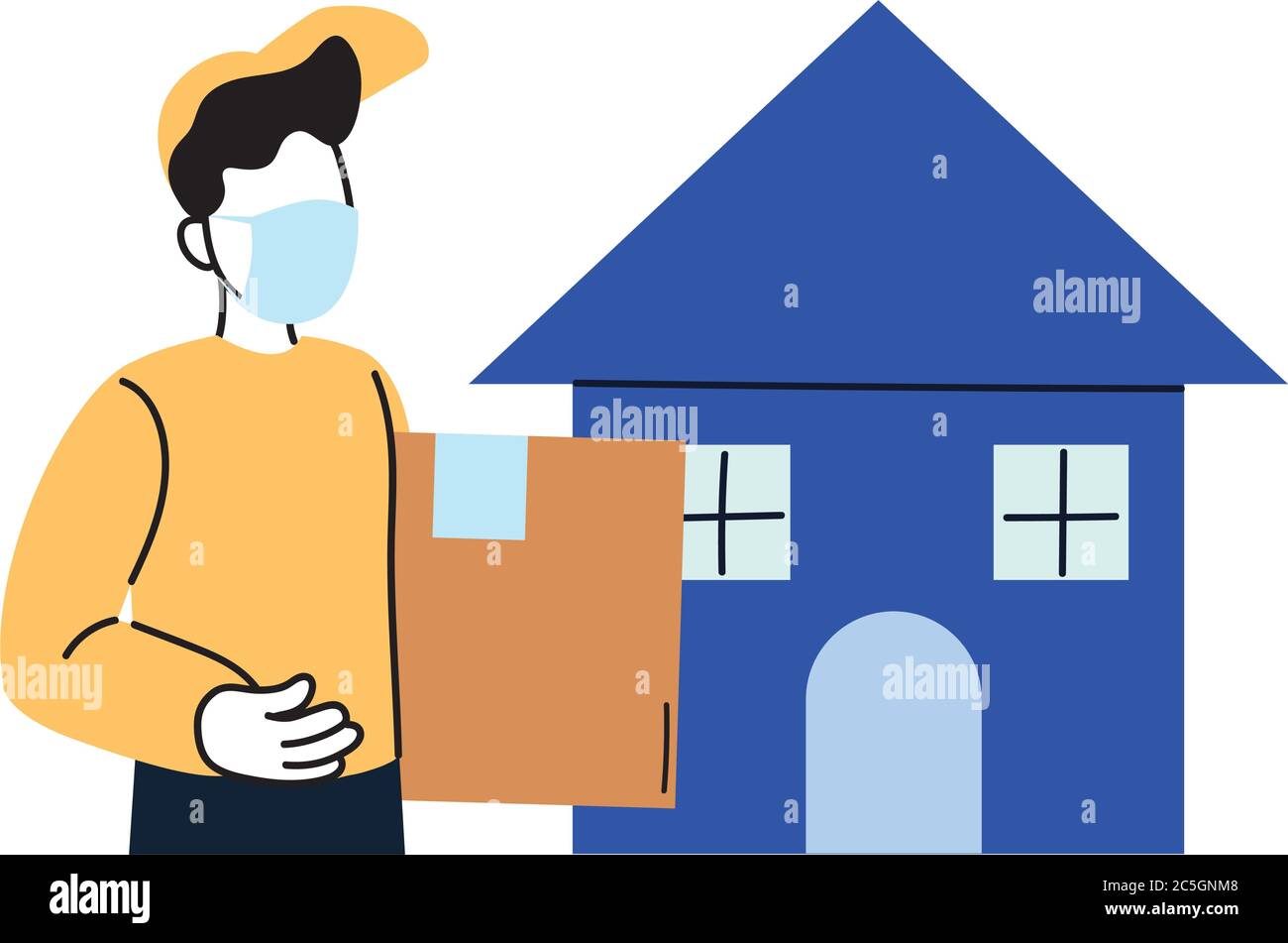 man with mask and box in front of house design, Safe delivery ...