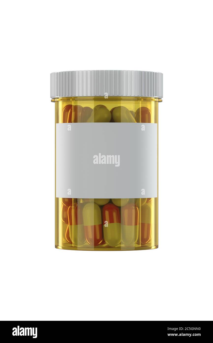 Yellow plastic phial filled with red and white pills isolated on white ...