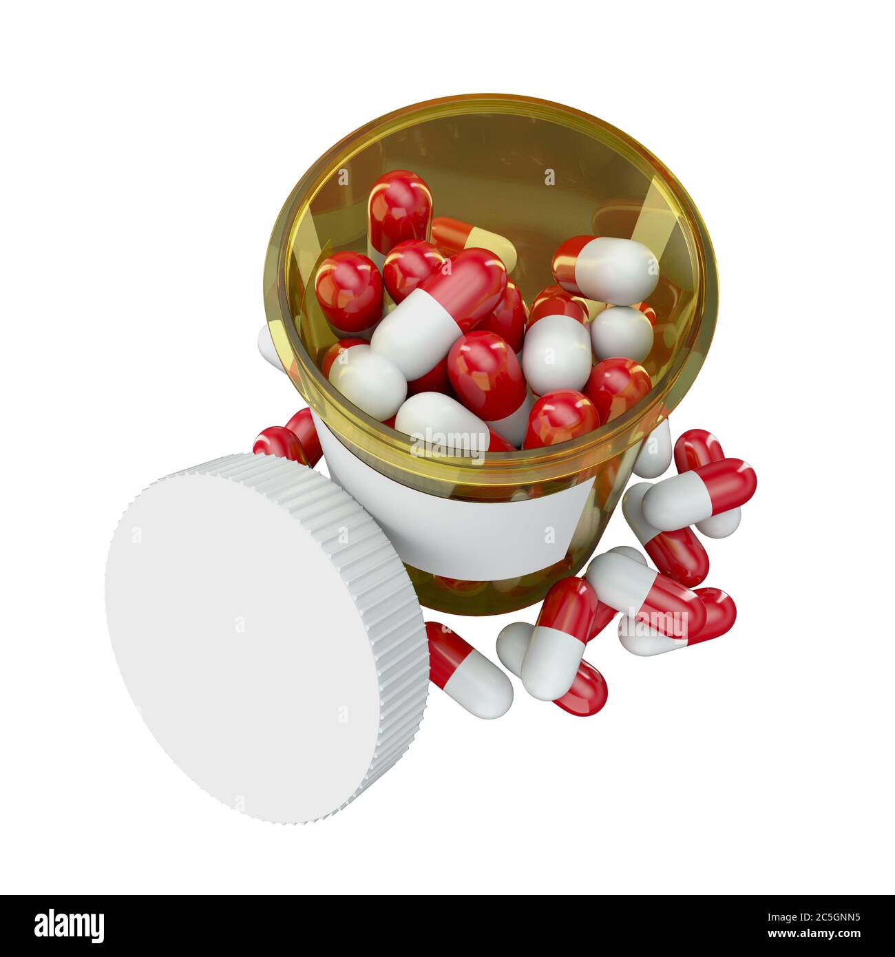 Yellow plastic phial filled with red and white pills isolated on white ...