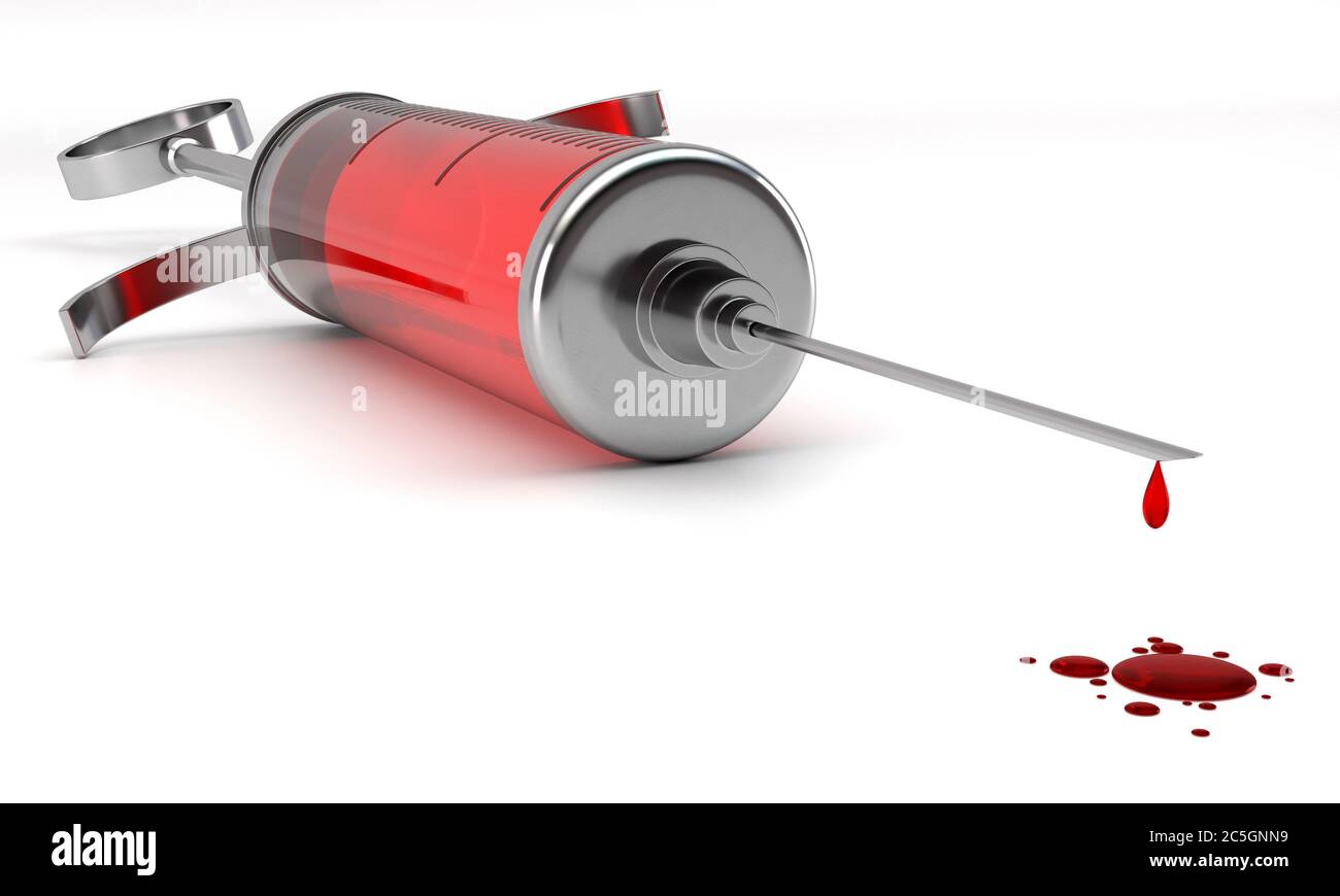 Render of a retro stylized syringe filled with red liquid or blood on ...