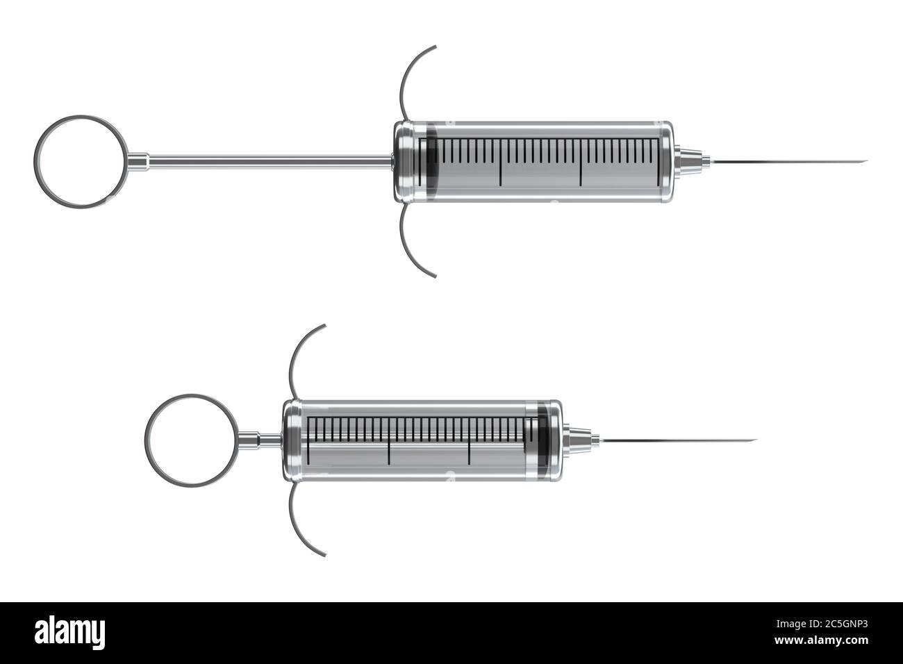 Render set of a retro stylized syringes isolated on white. Front view ...