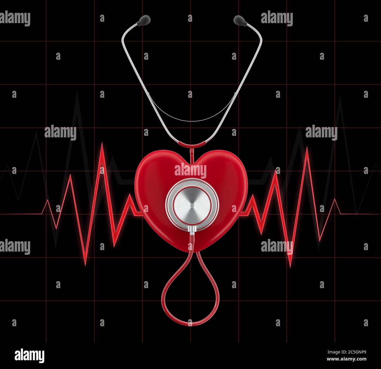 Render of a stethoscope on a red heart with pulse diagram in the ...