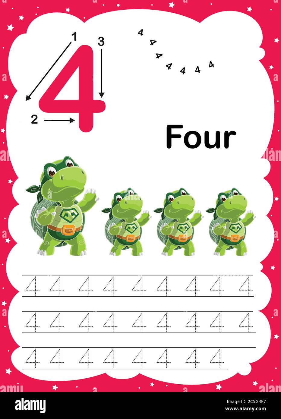 Colorful Number Four daily tracing printable A4 practice worksheet with ...