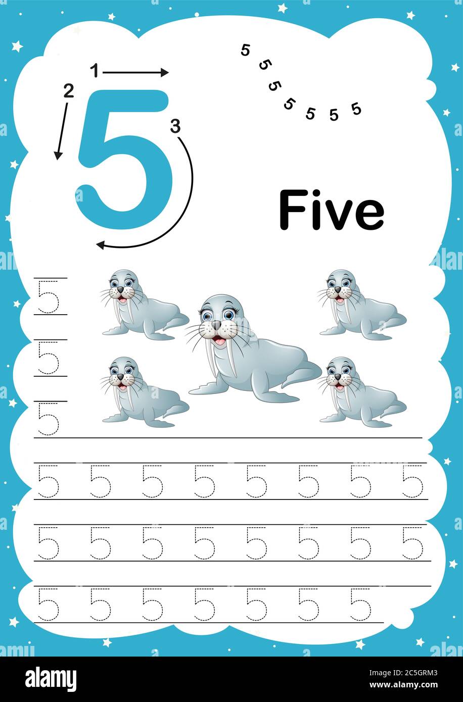 Colorful Number Five daily tracing printable A4 practice worksheet with ...