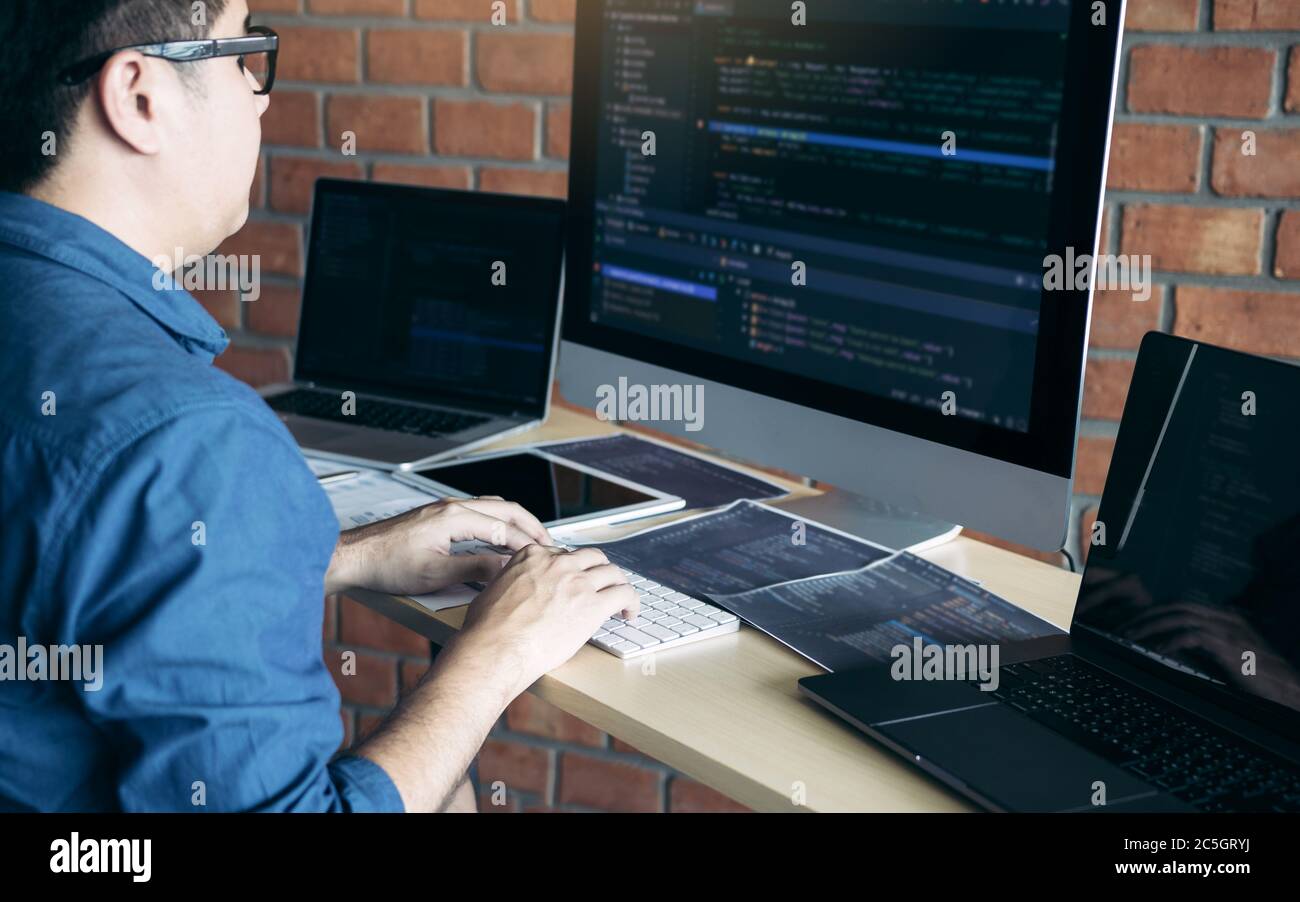 Asian Man Working Code Program Developer Computer Web Development Working Design Software On