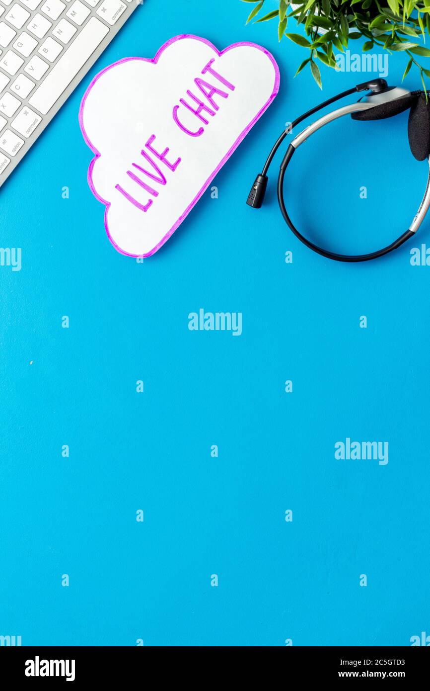 Live chat conversation message concept. Office desktop top view Stock ...