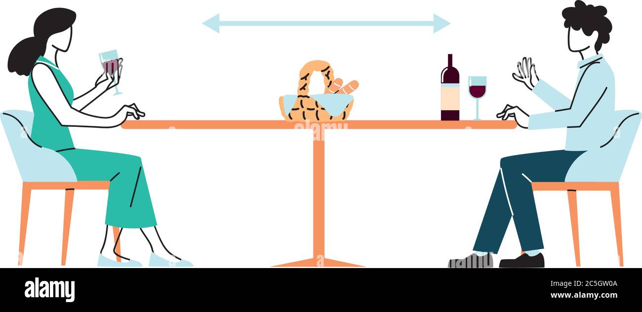 Social distancing between woman and man on restaurant table design of ...