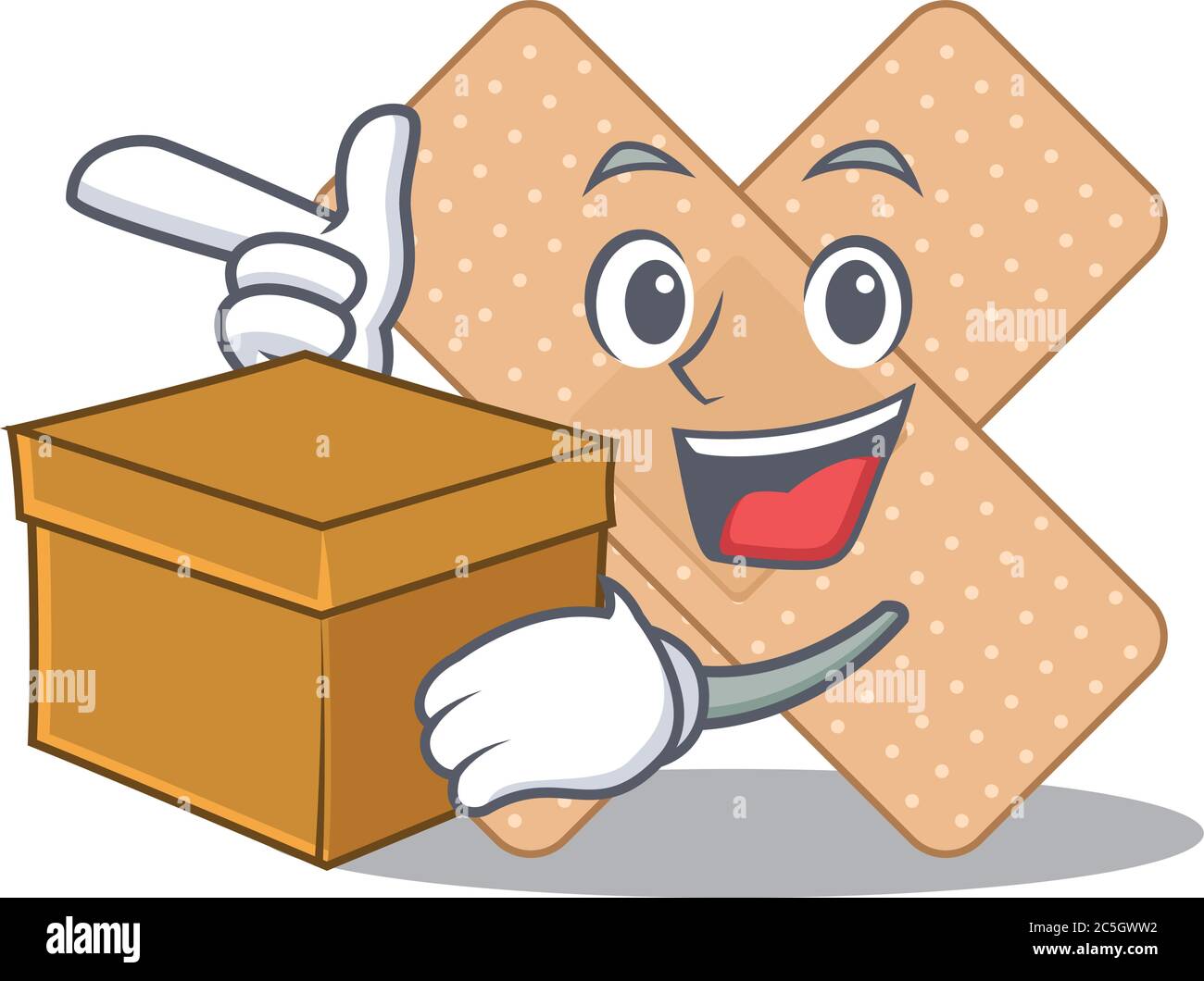 A smiling cross bandage cartoon mascot style having a box Stock Vector ...