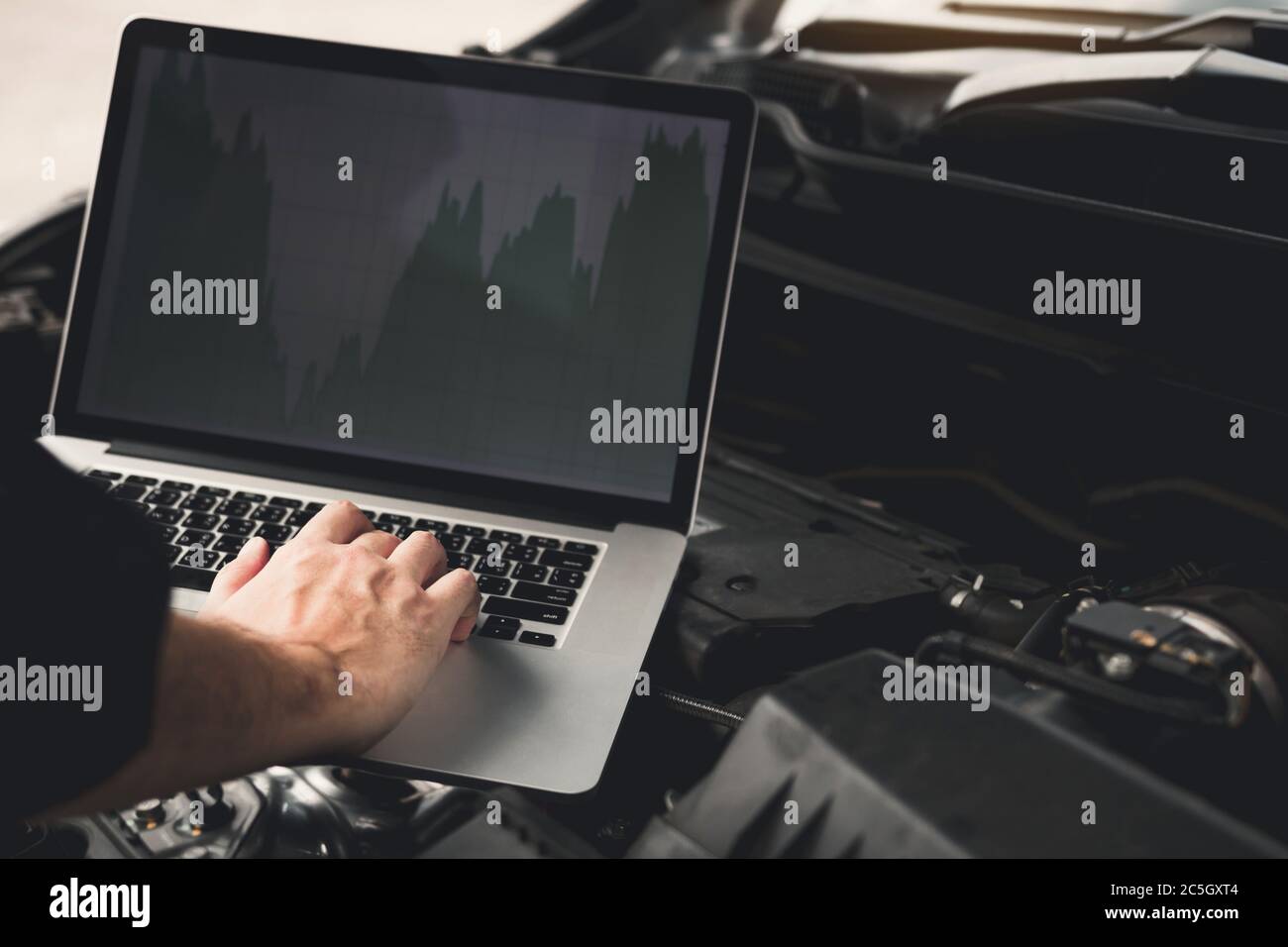 Car repair technicians use laptop computers to measure engine values ...