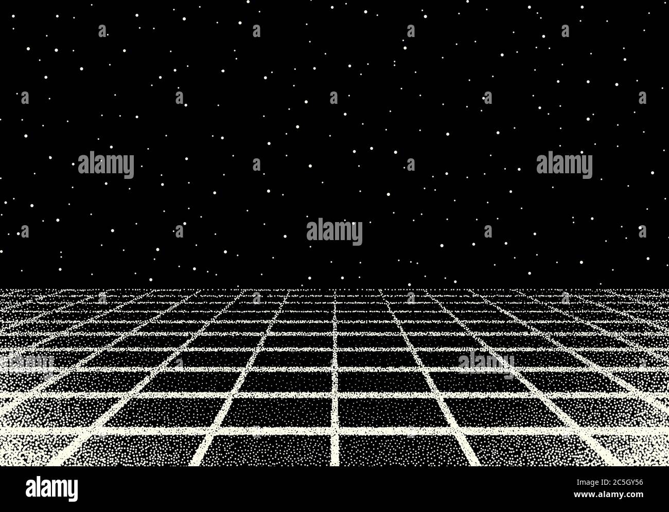 Retro dotwork landscape with 80s styled laser grid and stars background ...
