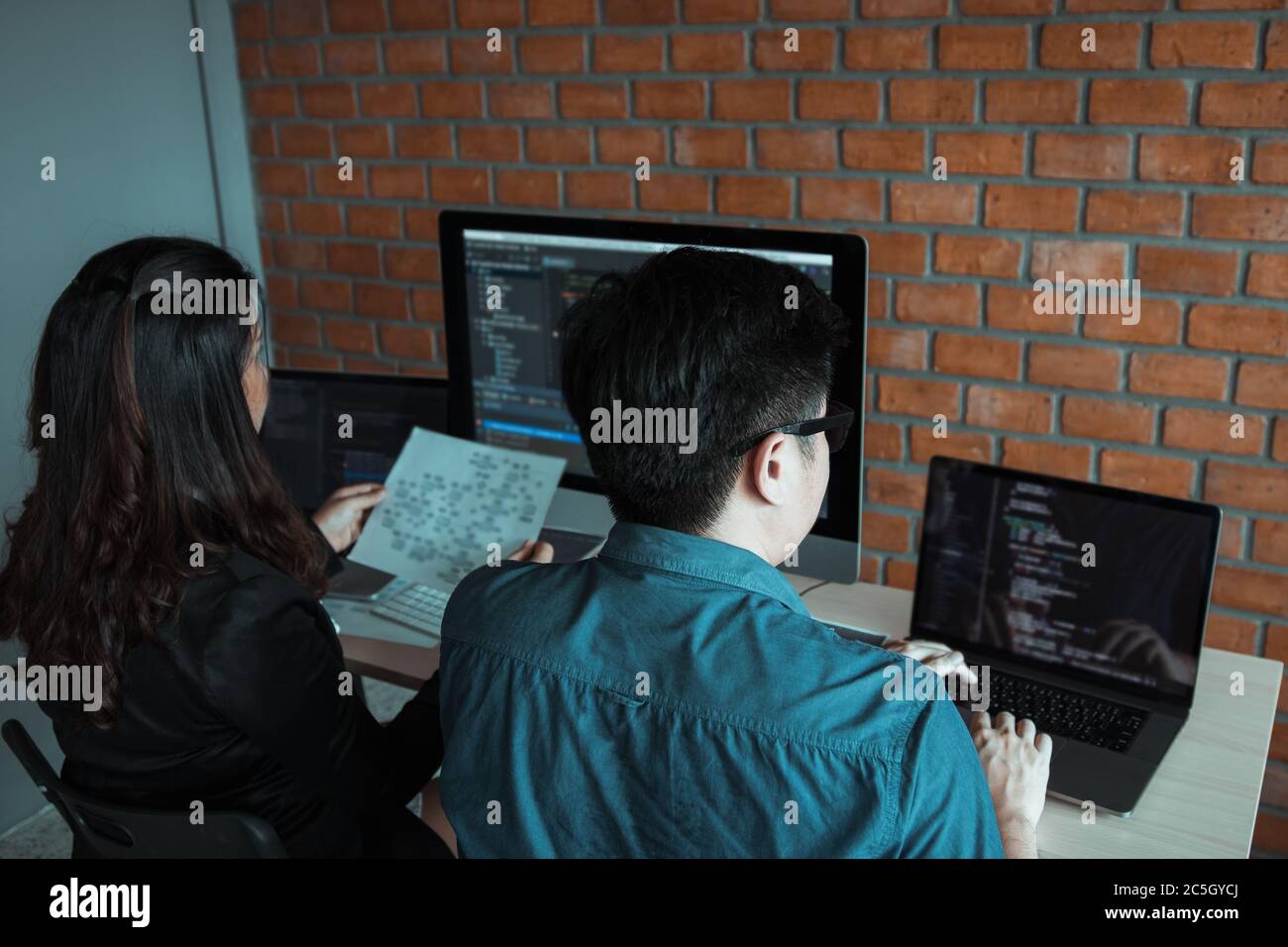 Two software developers are using computers to work together with their ...