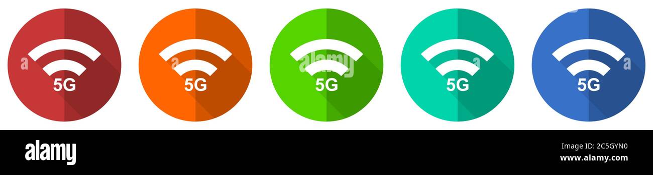 5G internet wireless communication, network icon set, red, blue, green ...