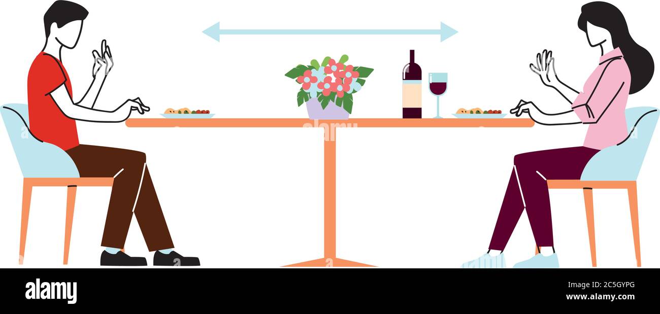 Social distancing between woman and man on restaurant table design of ...