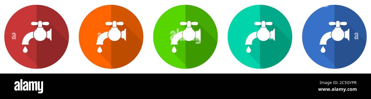 Water faucet, old tap icon set, red, blue, green and orange flat design ...