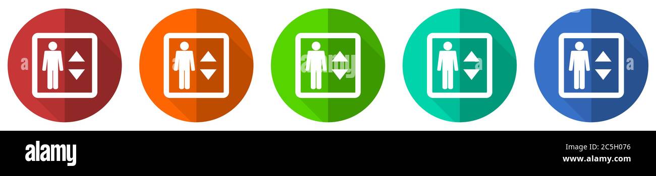 Elevator, lift icon set, red, blue, green and orange flat design web ...