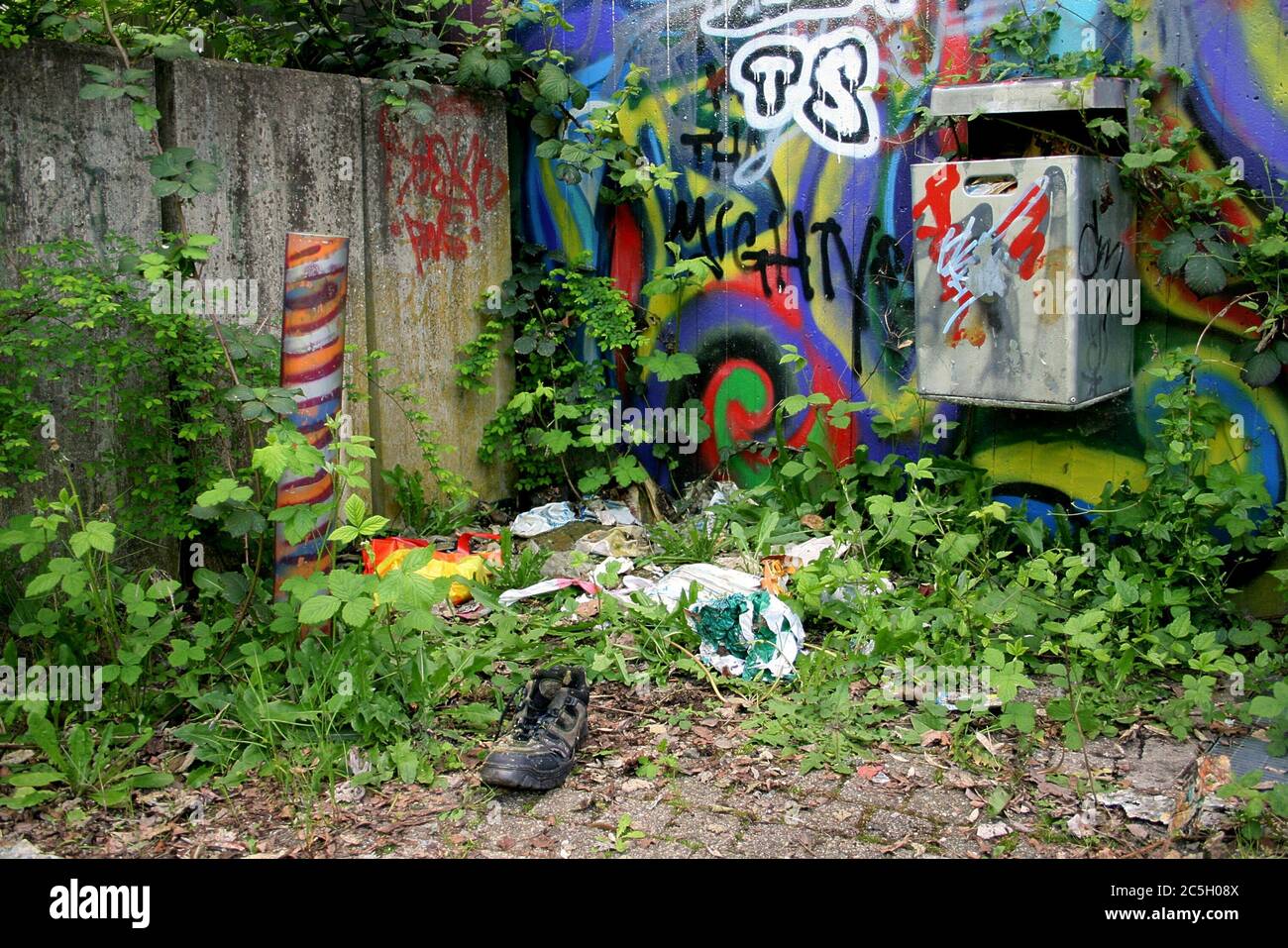 concrete wall with garbage can, garbage, wild vegetation and Graffity ...