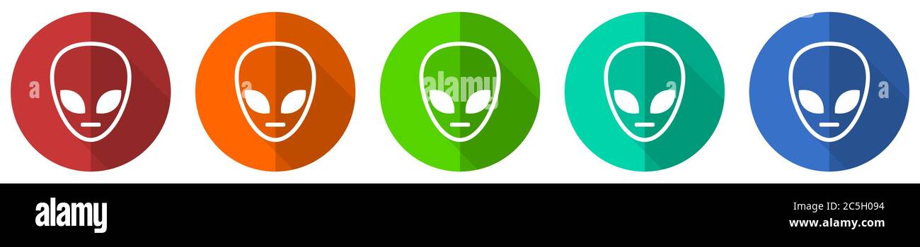 Alien face icon set, red, blue, green and orange flat design web ...