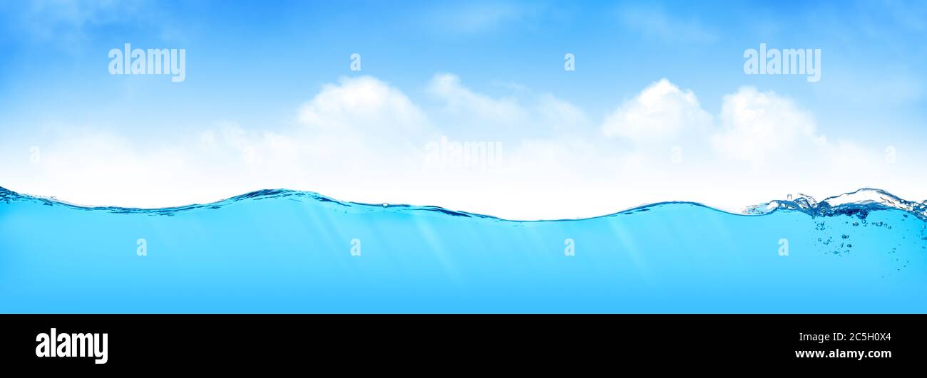 Summer tropical sea landscape with underwater space and sky with clouds ...