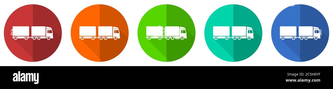 Truck with long semi trailer icon set, transport, red, blue, green and ...