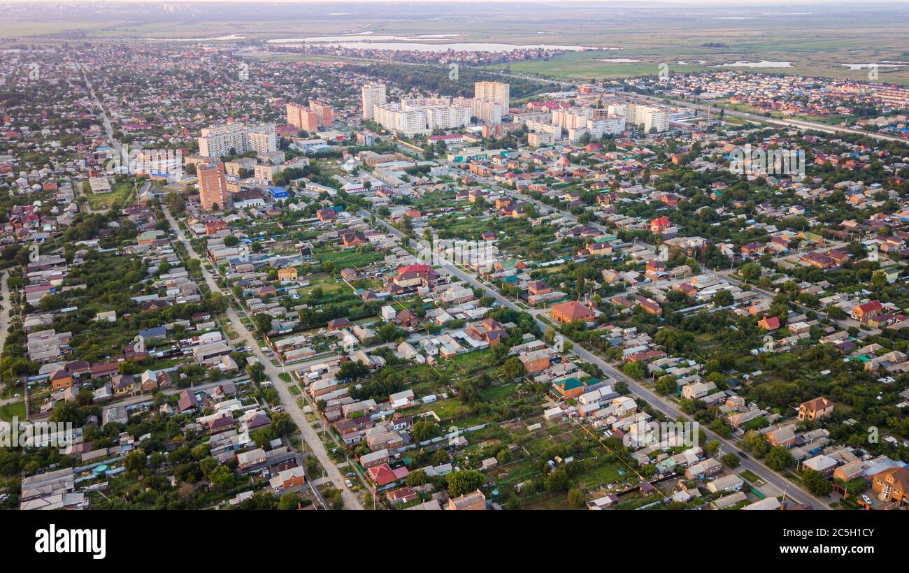 Aerial view of suburban houses in big city. Panoramic aerial view by ...