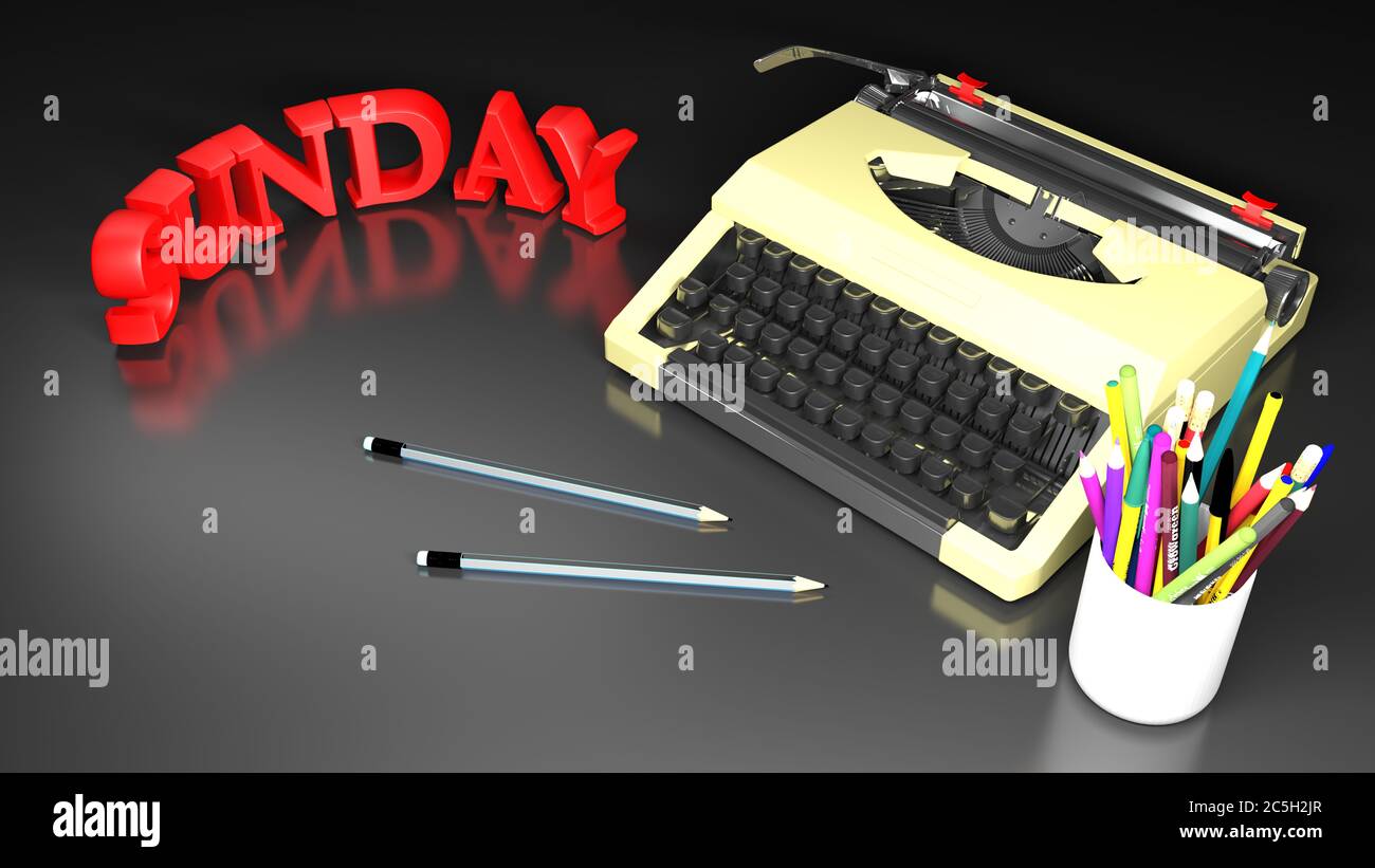 Typewriter on black desk with SUNDAY write - 3D rendering illustration ...