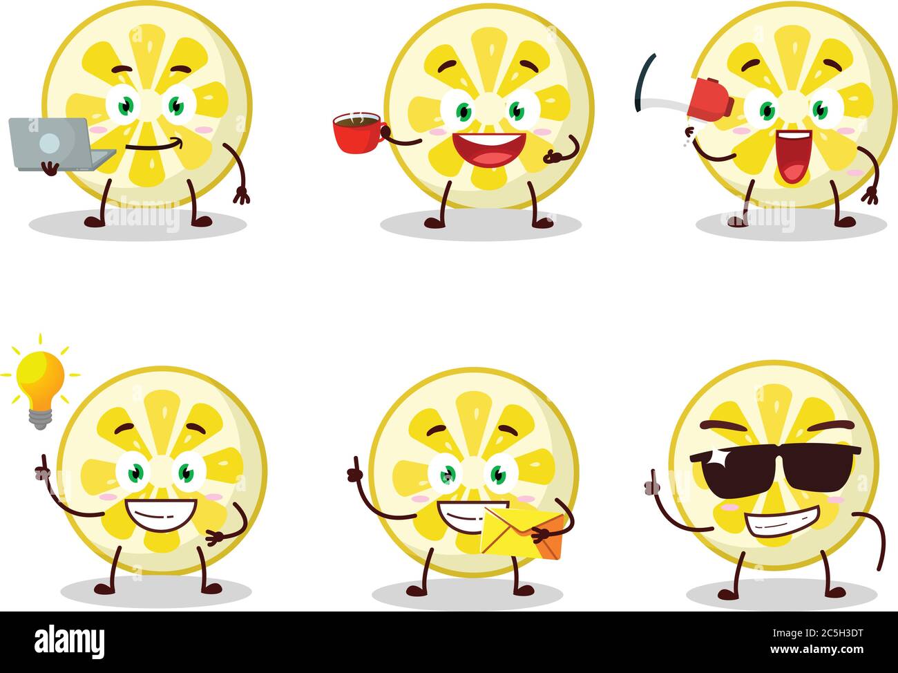 Lemon slice cartoon character with various types of business emoticons ...