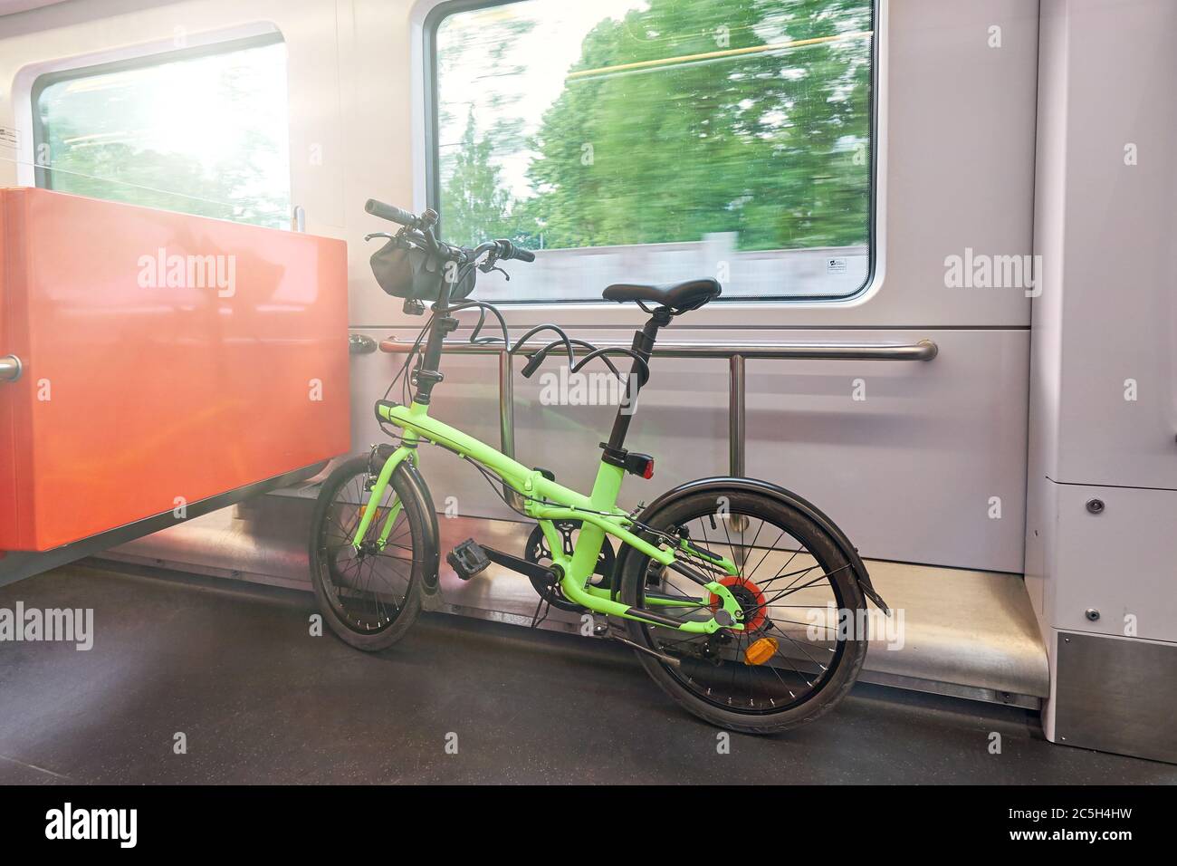 The bicycle in public transportation inside the metro train Stock Photo ...