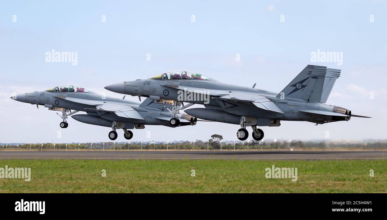 Two Royal Australian Air Force (RAAF) Boeing F/A-18F Super Hornet ...
