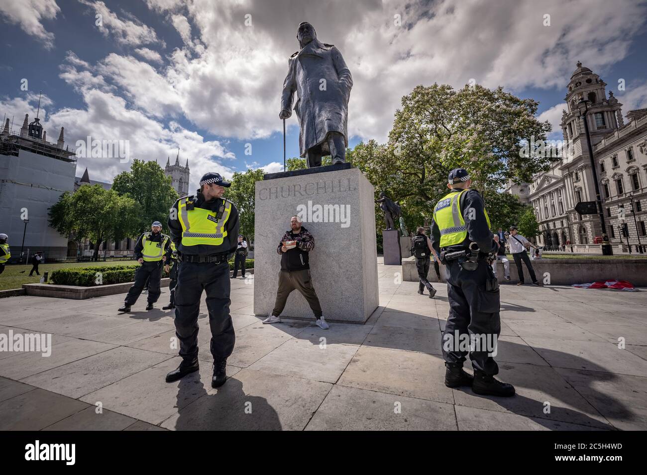 British nationalist supporter gathers near the statue of Winston ...