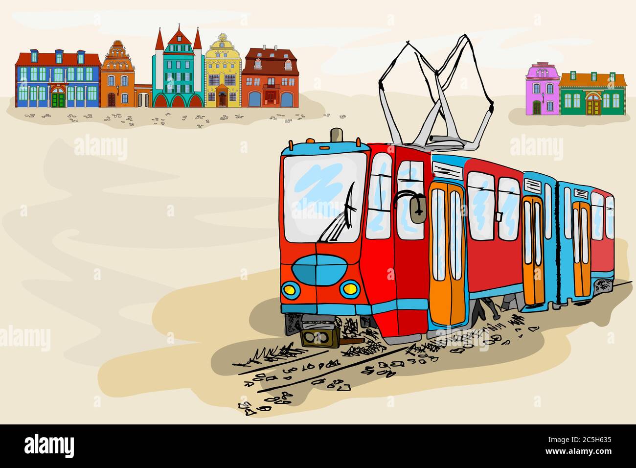 Old city banner with tram. Retro tram poster with old town scene and ...