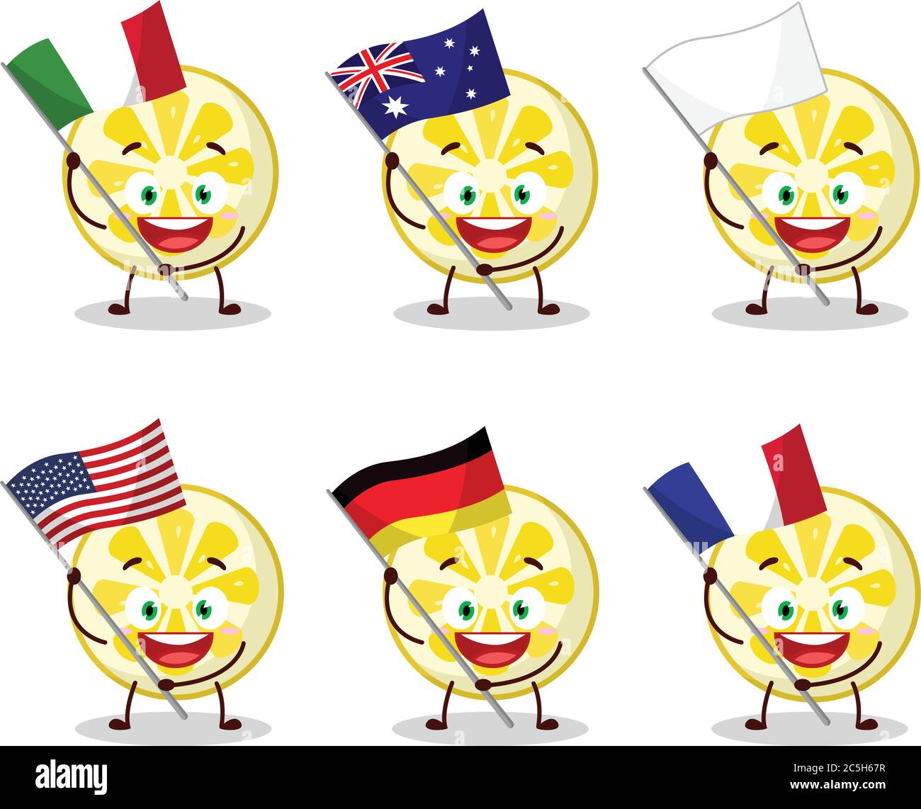 Lemon slice cartoon character bring the flags of various countries ...