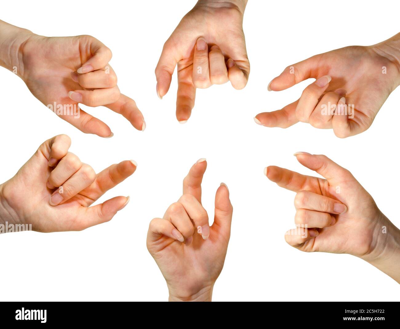 Many hands pointing to the center of the image in front of white ...