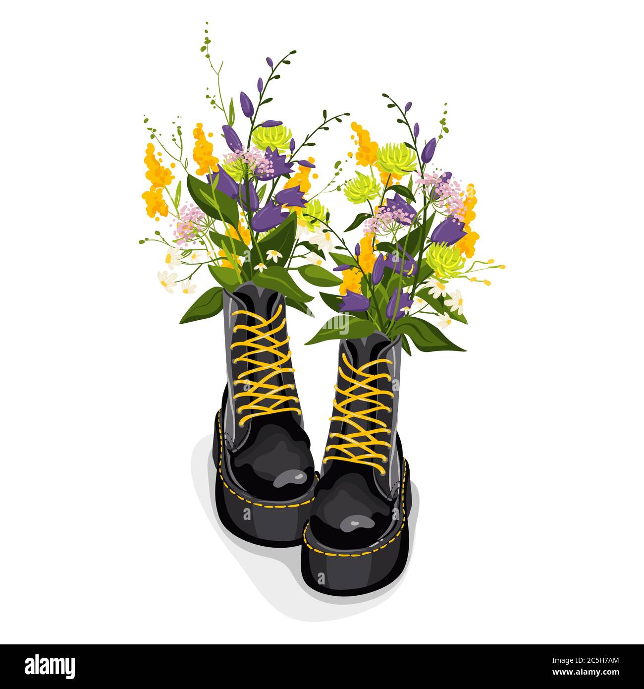 Trendy black boots with yellow lacing, colorful flowers, isolated on ...