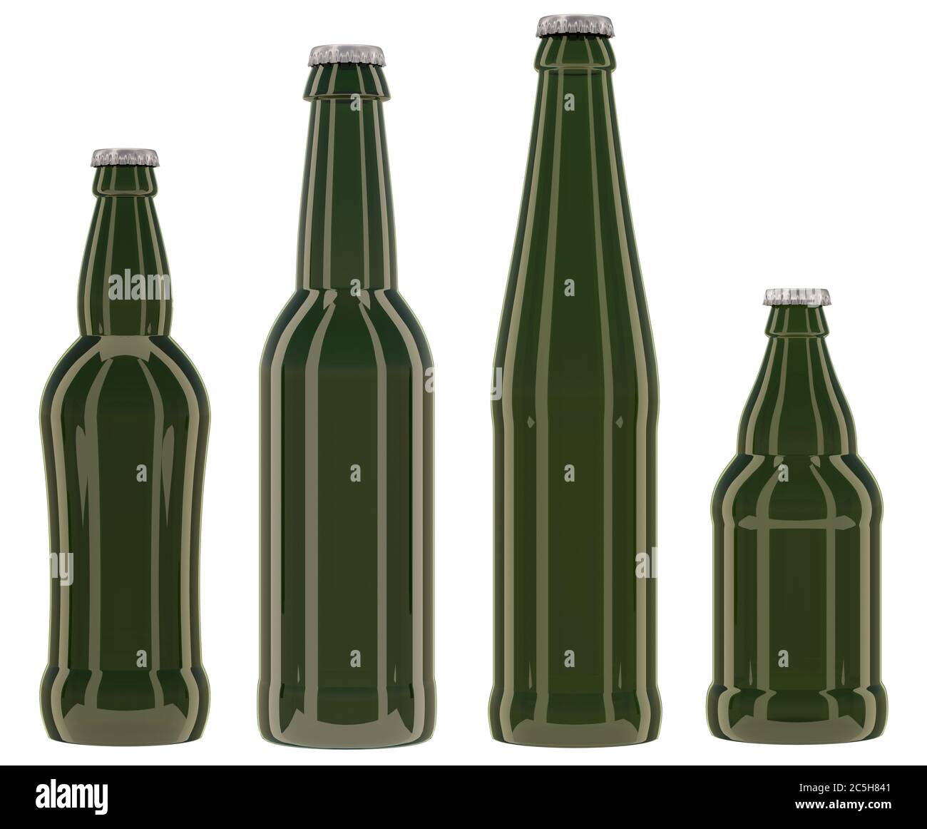 Different shaped green glass bottles isolated on white background Stock ...