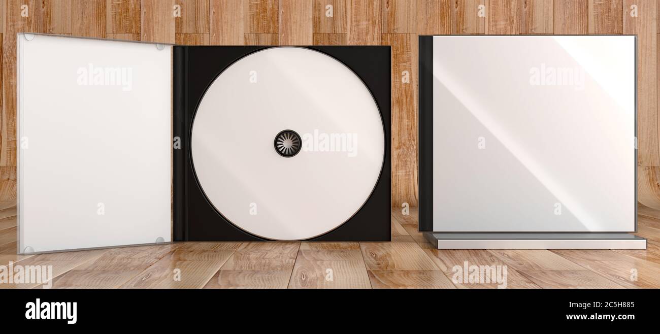 3d render of a cd dvd compact disc plastic box mockup on wooden ...