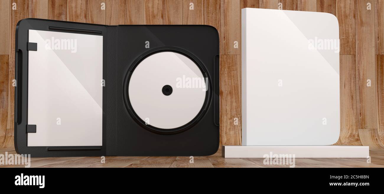 3d render of a cd dvd compact disc plastic box mockup on wood ...