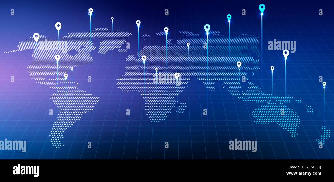 Holographic World Map With Locations Over Blue Background, Panorama ...