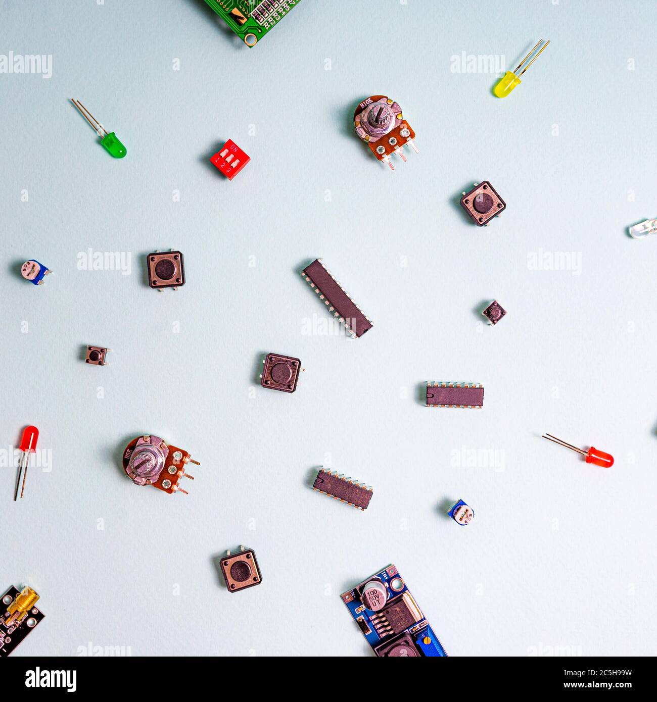 Micro eleectronics arduino DIY components on a light background, top ...