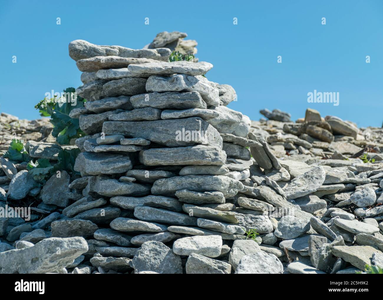 picture with beautiful white stone piles by the sea, these objects were ...