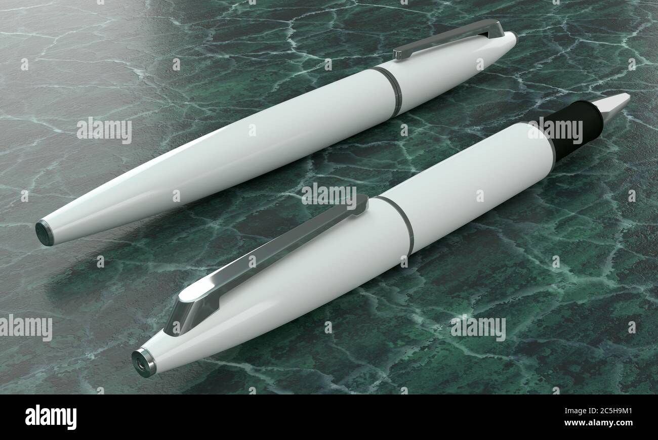 3d illustration render of white ball pens mockup on green marble ...