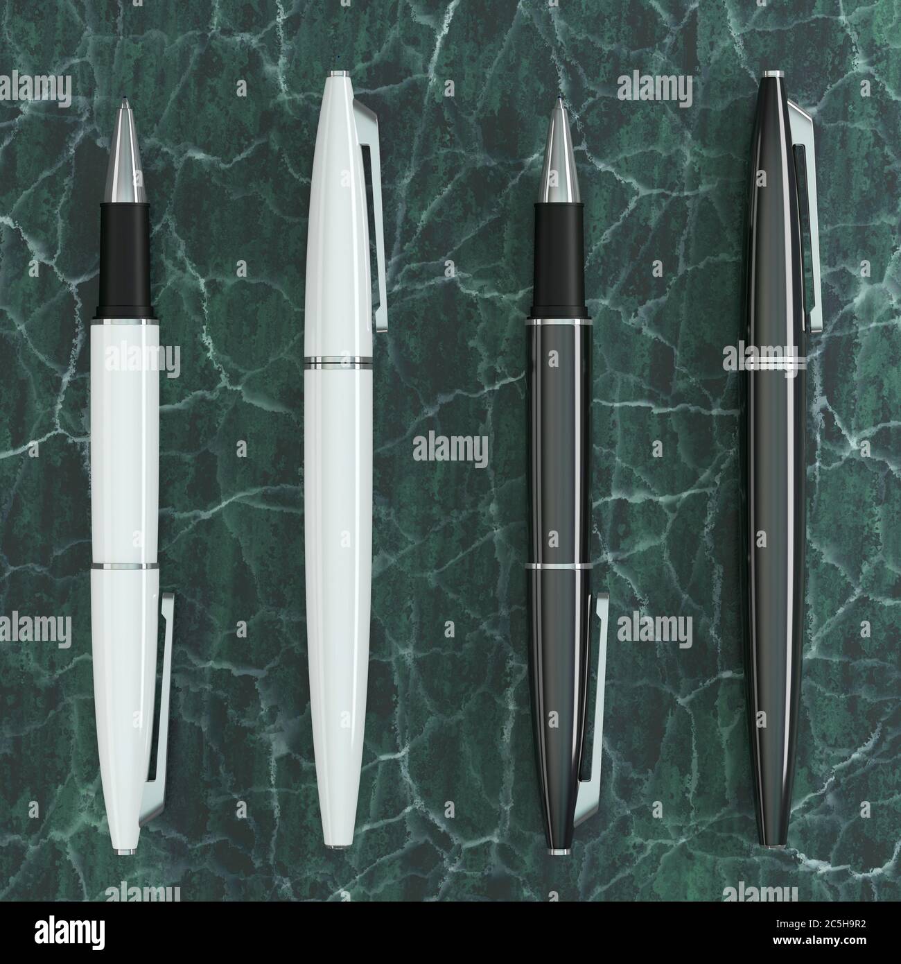 3d illustration render of white ball pens mockup on green marble ...