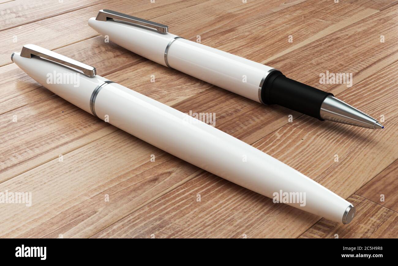 3d illustration render of white ball pens mockup on wooden background ...