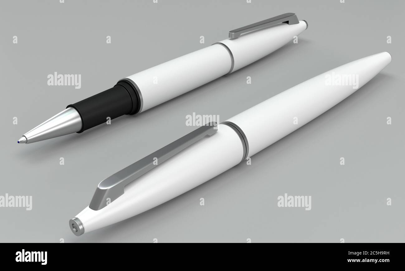 3d render of two white ball pens on bright background. Perspective view ...