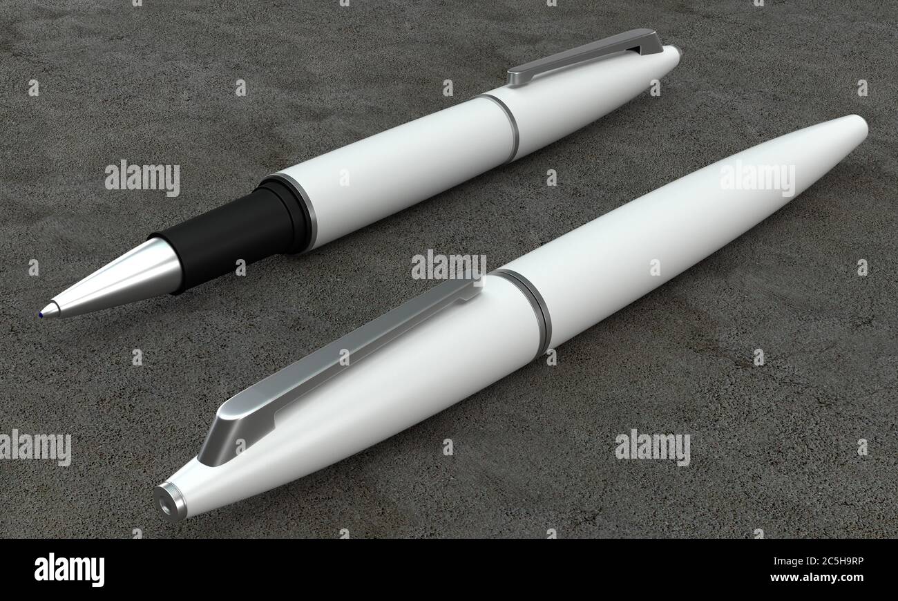 3d render of two white ball pens on concrete background. Perspective ...