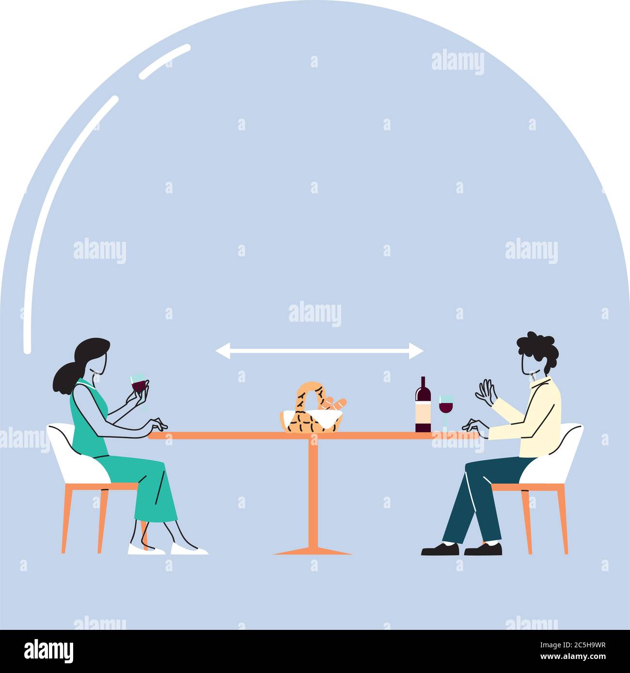 Social distancing between woman and man on restaurant table design of ...