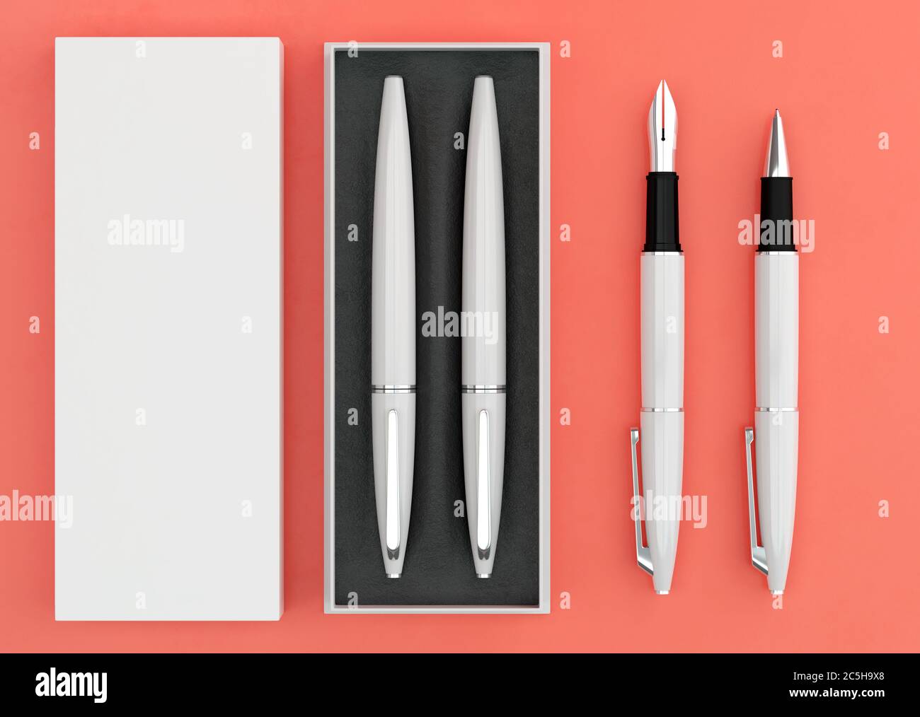 3d illustration render of a writing set. Ball pen and ink pen in a box ...